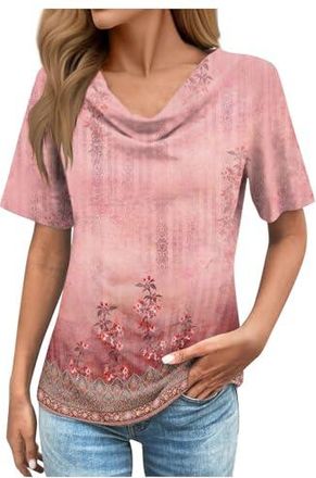 Generic T-shirt femme &agrave; manches courtes imprim&eacute; &eacute;l&eacute;gant d&eacute;contract&eacute; T-shirts tunique, Rouge past&egrave;que, XXL