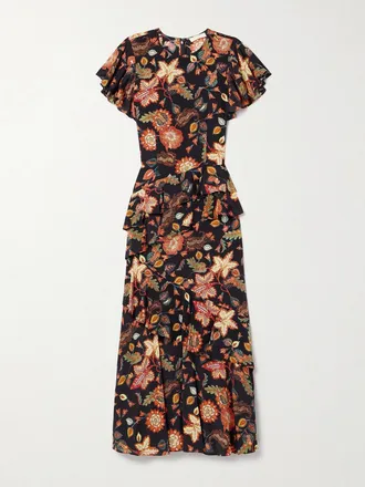 Ulla Johnson Amaia Gestuftes Midikleid Aus Seide Mit Blumenprint Und Rüschen - Schwarz