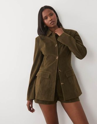 KAIIA Blazer long densemble cintr&eacute; en imitation daim - Olive fonc&eacute;-Multi
