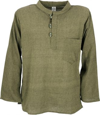 Guru Shop Nepal Fischerhemd, Goa Hippie Hemd, Yogahemd, Freizeithemd - Moosgrün, Herren, Baumwolle, Size:XL