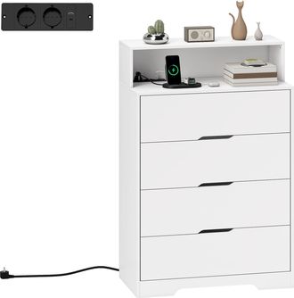 HOMCOM 4 Schubladen-Kommode mit Ladestation, Schlafzimmer-Kommode mit USB-Anschluss, USB-C-Anschluss, offenes Regal, 80x40x120 cm, Wei&szlig;