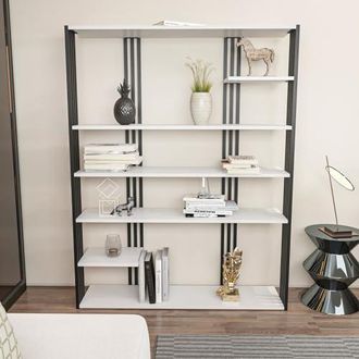Hanah Home Stylish Bookshelf, 120 cm x 160 cm x 29.6 cm, White & Black | 100% Melamine Coated Particle Board, 18 mm Thick | Modern Storage Solution for Home & Of