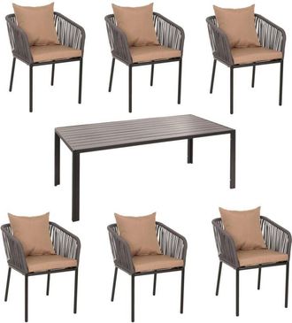 Hhg Gartengarnitur HHG 616, Tisch+6xStuhl, wetterfest Alu 180x80cm, Seilgeflecht Rope anthrazit Kissen taupe