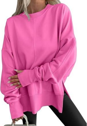 Generic Sweat-shirt &agrave; col rond fendu sur le c&ocirc;t&eacute; pour femme - Pull d&eacute;contract&eacute; &agrave; manches longues pour femme, rose vif, XXL