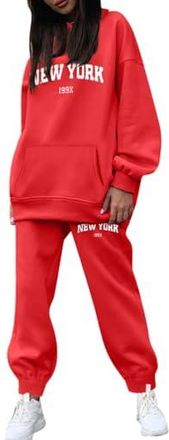 Minetom Ensemble Surv&ecirc;tement Femme V&ecirc;tements de Sport Jogging Lettre Imprim&eacute;e Manches Longues Hoodie Sweat &agrave; Capuche Pantalon 2 Pi&egrave;ces Set C Rouge S