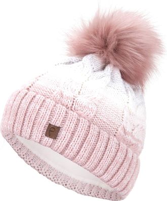 Faera Winterm&uuml;tze M&uuml;tze Damen warm gef&uuml;ttert mit Kunstfell Bommel-M&uuml;tze Fleecefutter Winter Strickm&uuml;tze Beanie, Farbe:Rose