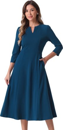 Allegra K Damen 3/4-&Auml;rmeln A-Linie V-Ausschnitt Business Kleid Taschen Arbeit Elegant Midikleid Blau Gr&uuml;n S