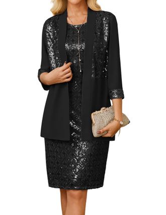 Grace Karin Frauen Vintage 60er Rundhals Ärmelloses Abendkleider Elegant Slim Fit 2er Set Gltzer Kleider mit Chiffon Jacke Schwarz XXL