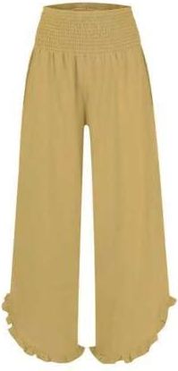 Generic Pantalon d&eacute;t&eacute; en coton et lin pour femme - Jambes larges - Taille smock&eacute;e - Ourlet &agrave; volants - Palazzo - V&ecirc;tement d&eacute;t&eacute; fluide avec poches, kaki, 3XL