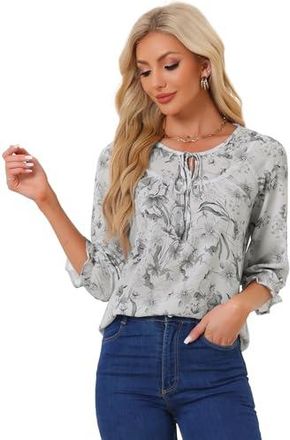 Allegra K Femme Cravate V Cou D&eacute;contract&eacute; &agrave; Volants Manches 3/4 Floral Blouse Tops Gris L