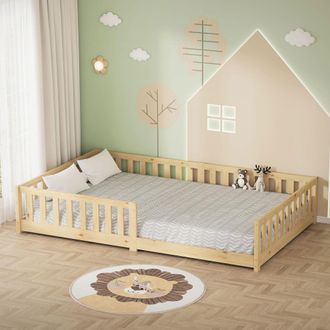 ML Design ML-Design Kinderbett 120x200 cm Natur mit Matratze H:16cm, Bodenbett f&uuml;r Kinder mit Lattenrost&Rausfallschutz, Jugendbett aus massivem Kiefernholz, Be