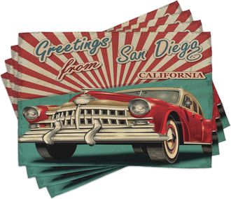 Abakuhaus San Diego Platzmatten, Grüße von San Diego Kalifornien Vintage-Touristic Entwurf mit einem Retro-Auto, Tiscjdeco aus Farbfesten Stoff für das Esszimme