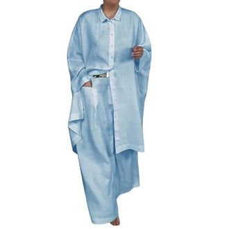 Generic Ensemble de surv&ecirc;tement d&eacute;contract&eacute; en coton et lin pour femme - Chemise de couleur unie - Pantalon large - Combinaison de loisirs pour femme, bleu, X