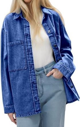 Generic Vestes r&eacute;tro &agrave; manches longues pour femmes, veste en jean bleue, grande poche, chemise d&eacute;contract&eacute;e, bleu, XXL