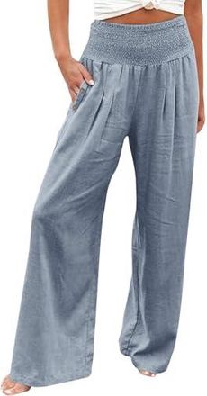 Generic Pantalon en lin pour femme - Pantalon d&eacute;t&eacute; d&eacute;contract&eacute; &eacute;lastique taille haute - Pantalon de plage tendance avec poches - Pantalon d&eacute;contract&eacute; pour fem