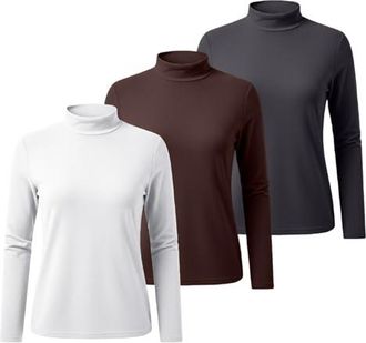 Generic Lot de 3 hauts thermiques &agrave; manches longues pour femme - Pull &agrave; col roul&eacute; pour femme - Couche de base douce - Pull uni l&eacute;ger - Sous-v&ecirc;tements thermiqu