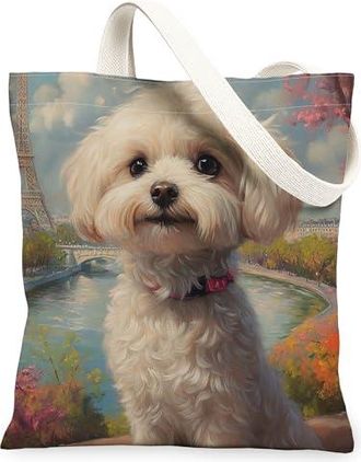Generic Sac fourre-tout en toile motif chien havanais printanais 33 x 38 cm, tour romantique, sac d&eacute;picerie r&eacute;utilisable pour femme, animal de compagnie, moti