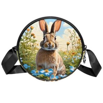 Generic Petit sac &agrave; bandouli&egrave;re circulaire pour femme, motif floral, lapin, sac &agrave; dos &agrave; bandouli&egrave;re avec fermeture &eacute;clair, bretelles r&eacute;glables, sac &agrave; main ron