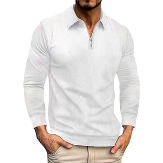Generic Polo pour homme avec fermeture &eacute;clair 1/4 - Pull tricot&eacute; &agrave; manches longues - L&eacute;ger - Coupe ajust&eacute;e - Col montant - Haut d&eacute;t&eacute; et de printemps, blanc, 3