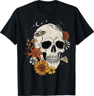 Trendy Apparel Skull Surrounded with Flowers and Moths T-Shirt