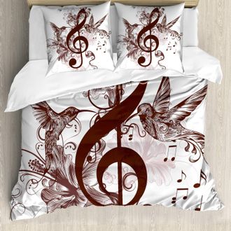 Abakuhaus Musik Bettbezug Set, Blumenmuster mit Vögeln, Milbensicher Allergiker geeignet mit Kissenbezügen, 155 cm x 200 cm - 80 x 80 cm, Chestnut Brown White