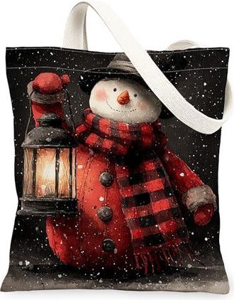 Generic Sac fourre-tout festif en toile motif bonhomme de neige rouge, sacs de courses r&eacute;utilisables, l&eacute;gers et lavables avec bandouli&egrave;re pour &eacute;picerie, voyag