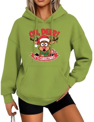 Generic Sweat &agrave; capuche imprim&eacute; graphique pour femme, motif &eacute;lan surdimensionn&eacute;, chandail &agrave; capuche, v&ecirc;tements dautomne et dhiver, pour voyage, Vert, XL