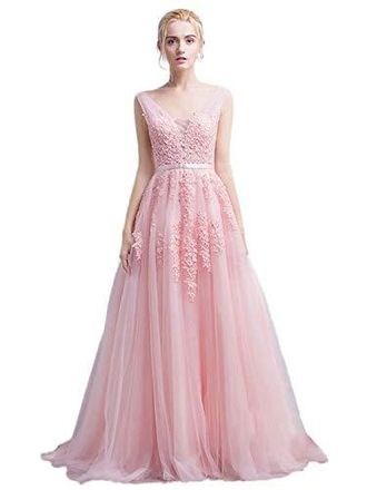 MisShow Robe pour Mariage Demoiselle dhonneur avec Dentelles Florales El&eacute;gante Robe Femme C&eacute;r&eacute;monie Anniversaire Rose 46