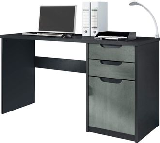 Vladon Schreibtisch Logan, Made in Germany, Bürotisch mit 2 Schubladen und 1 Tür, Schwarz matt/Beton dunkel Optik (129 x 76 x 60 cm)