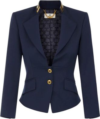 Elisabetta Franchi Blazer en gabardine avec plaque logo dor&eacute;e - Femme - Vestes - Bleu - Taille: 42 FR