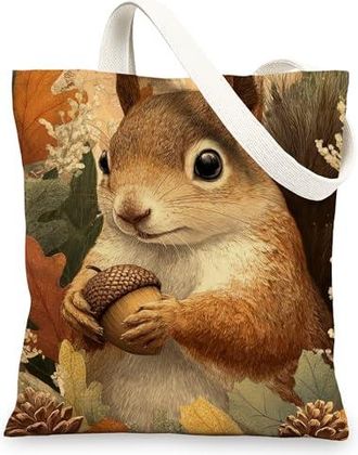 Generic Sacs fourre-tout en toile décureuil, sacs dépicerie réutilisables, motif animal mignon, vintage, léger, lavable, bandoulière Ca, Brun, 13x15 Inch