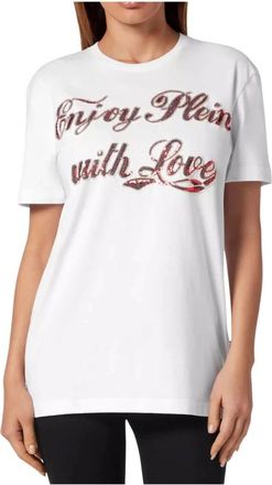 Philipp Plein Femme, Tops, Blanc, Taille: 36 FR T-Shirt Avec Inscription &agrave; Sequins