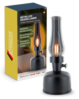 Schwaiger Retro LED Lampe im Petroleum Look I Kabellose Tischleuchte mit 2x 2000 mAh Akku I LED Leuchtmittel im Vintage Design mit Dimmer I 8h Leuchtdauer f&uuml;r G