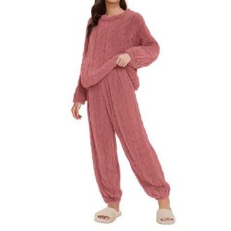 Generic Ensemble de pyjama 2 pi&egrave;ces en polaire pour femme avec pull &agrave; fermeture &eacute;clair 1/4 et pantalon large - Serviette thermique confortable en flanelle &eacute;pa