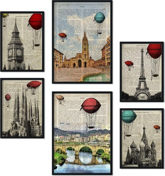 Nacnic Set von 6 Poster von Vintage Cities. Sammlung von Platten mit ästhetischer Collage für Innendekoration. Größen A3 und A4. Mit schwarzem Rahmen