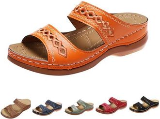 Generic Sandales orthop&eacute;diques pour femme - Pantoufles d&eacute;t&eacute; confortables en cuir - Chaussures plates compens&eacute;es &agrave; bout ouvert - Respirantes - Style floral - P