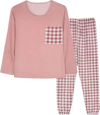 Generic Ensemble de nuit en coton &agrave; col rond pour femme - Pyjama confortable en coton doux &agrave; manches longues et pantalon imprim&eacute; &agrave; carreaux avec poche - V&ecirc;tem