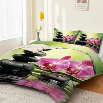 Generic Housse de Couette 90 x 190 cm Parure de lit Orchid&eacute;e Zen Nature Fermeture &Eacute;clair - Linge de Lit Personnes Adulte avec 2 Taies doreiller 65x65 cm Rose