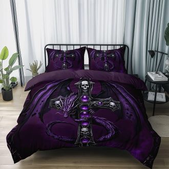 Generic Bettbezug Gothic Drachensch&auml;del Thema, Lila Weiche Bettw&auml;sche Set mit 2 Kissenbez&uuml;ge, Microfaser Atmungsaktiv Bettbezug 135 x 200 cm f&uuml;r Kinder Junge 