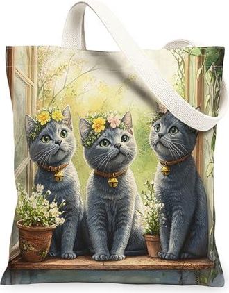 Generic Sac fourre-tout en toile motif chat bleu russe pour faire du shopping, 33 x 38,1 cm, motif chat bleu russe, sac d&eacute;picerie r&eacute;utilisable pour femme, pei