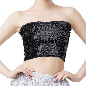 Generic Fashion Mardi Holiday Haut court extensible &agrave; paillettes &eacute;tincelantes en coton &eacute;lasthanne pour femme, Noir, Taille unique