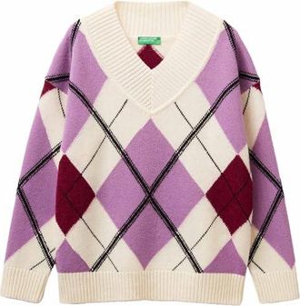 Benetton Maglia Scollo V M/L 1444e204e Pull, Beige, M Femme