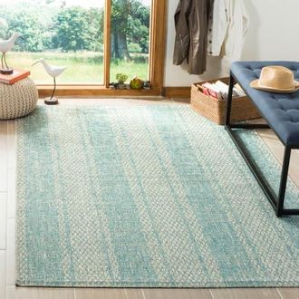 Safavieh Zeitgenössische Teppich für Wohnzimmer, Esszimmer, Schlafzimmer - Courtyard Collection, Kurzer Flor, Hellgrau und Aqua, 122 X 170 cm