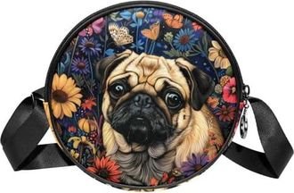 Generic Sac &agrave; bandouli&egrave;re rond pour femme, carlin, fleur, petit sac &agrave; bandouli&egrave;re avec fermeture &eacute;clair, bretelles r&eacute;glables, sac &agrave; main rond d&eacute;contract&eacute; pour
