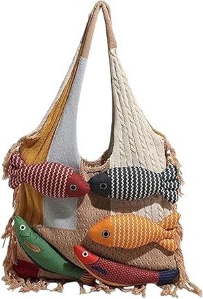 Generic 3D Fish Knitted Tote Bag,Cute Cartoon Fish Patchwork Shoulder Bags,Large Capacity Bohemian Hobo Handbag for Travel Vacation (G)