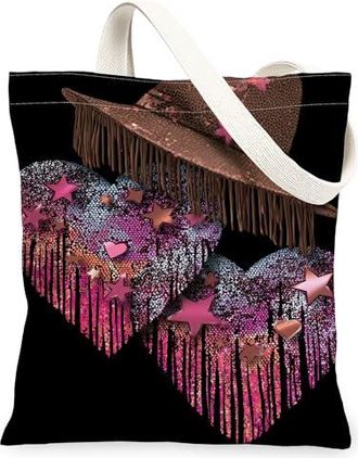 Generic Sacs fourre-tout en toile &agrave; motif de coeurs boh&egrave;mes, sacs d&eacute;picerie r&eacute;utilisables, l&eacute;gers et lavables avec bandouli&egrave;re en toile pour, noir, 13x15 Inch