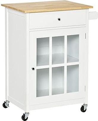 HOMCOM Desserte de Cuisine &agrave; roulettes Multi-Rangement - Placard Porte vitr&eacute;e avec &eacute;tag&egrave;re r&eacute;glable, tiroir, Porte-torchon - Blanc Aspect ch&ecirc;ne Clair