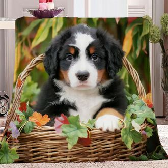 Generic Kuscheldecke Tier Hund Blumenkorb Bunt 130 x 150 cm, Extra Weiche Bedrucktes Flauschige Flanell Fleecedecke, W&auml;rme Herbst Winter Kuscheldecke f&uuml;r Bett