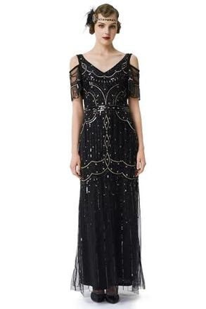 Babeyond Robe de soirée Longue années 1920 - Style années 1920 - Gatsby, Noir/doré, S