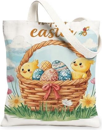 Generic Sacs fourre-tout en toile motif poussin de P&acirc;ques, motif oiseau mignon, sacs d&eacute;picerie r&eacute;utilisables, l&eacute;gers et lavables, bandouli&egrave;re C, blanc, 13x15 